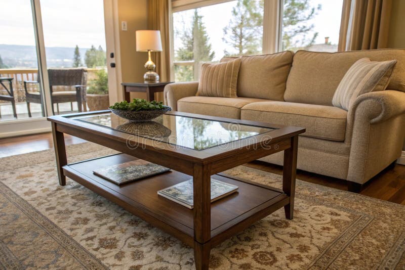 Empty Coffee Table with Sofa and Panoramic Window Stock Illustration ...