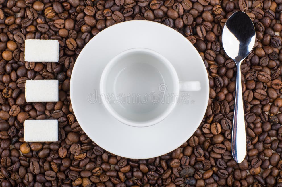 Empty Coffeecup with Saucer, Lumpy Sugar and Spoon on Coffee Stock ...