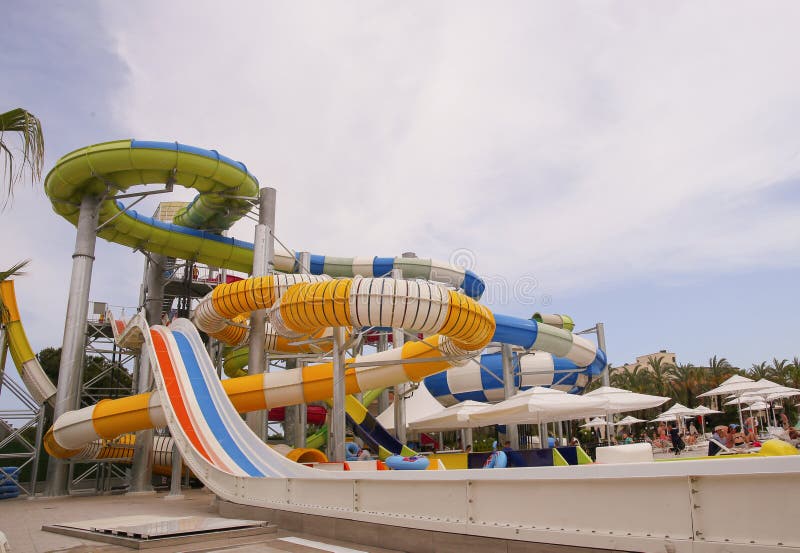 Empty Colorful Waterslides in the Resort Aquapark. Stock Image - Image ...