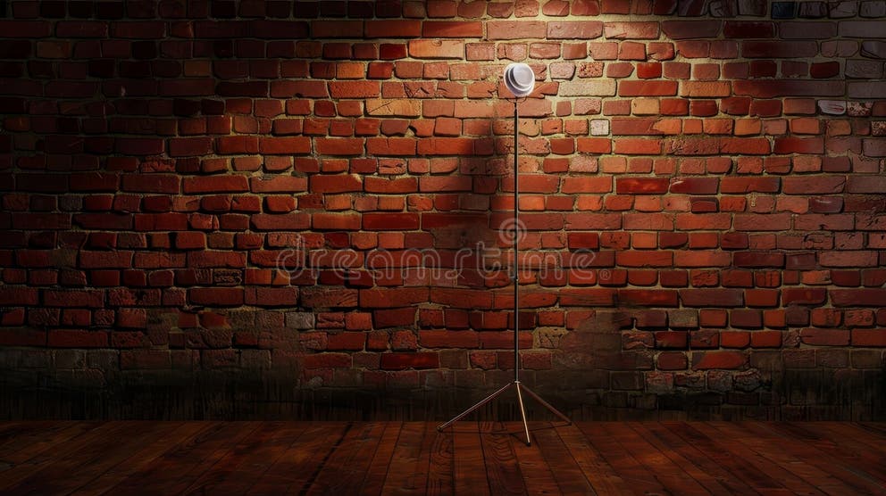Empty Comedy Club Stage with Brick Wall, Mic Stand Spotlight Realistic ...