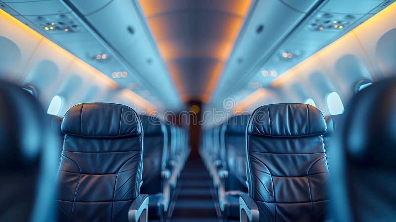 Empty Commercial Airplane Cabin Interior with Blue Armchairs Stock ...
