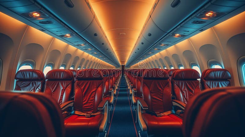 Empty Commercial Airplane Cabin Interior with Red Armchairs Stock ...
