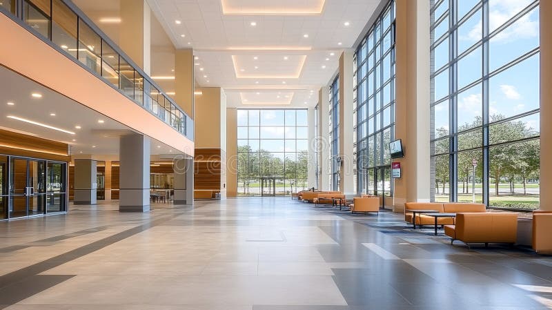 Empty Commercial Building Lobby Interior, Natural Light, High Ceilings ...