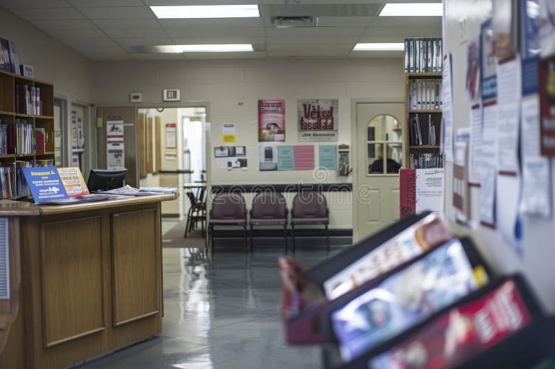 Empty Community Center Lobby with Information Posters and Seating Area ...