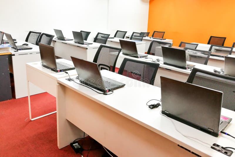 Empty Computer Classroom with Monitors on Top of Table Stock Image ...