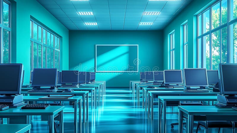 Empty Computer Lab Classroom at Night Teal and Tranquil Stock ...