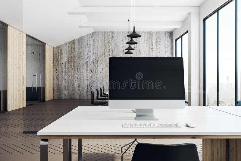 Empty Computer in Modern Office Stock Photo - Image of background ...
