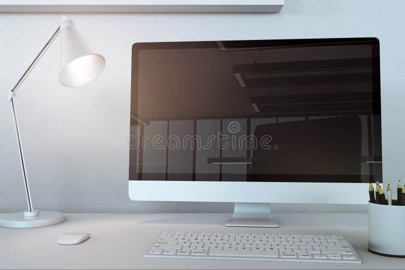 Empty Computer in Modern Office Editorial Photography - Illustration of ...