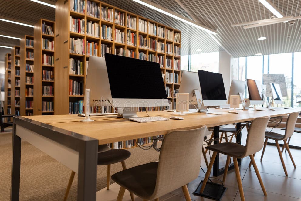 Empty Computer Room in the School Library. Modern Computers Stand on a ...