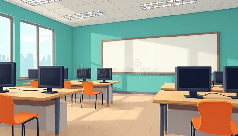 Empty Computer Science Classroom with Desks Monitors and Chairs. Clean ...