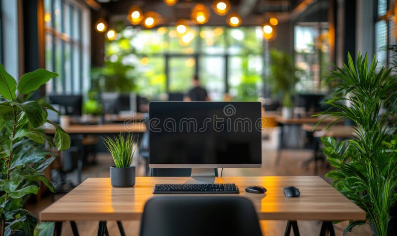 Empty Computer Screen in a Modern Office, Featuring Blurred Colleagues ...