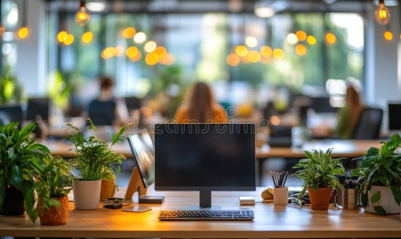 Empty Computer Screen in a Modern Office, Featuring Blurred Colleagues ...