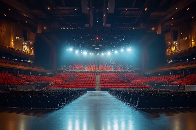 Empty Concert Hall with Bright Stage Lights and Red Seats Stock ...