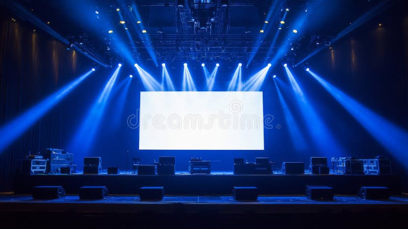 Empty Concert Stage with Blue Lighting and Blank Screen Stock ...