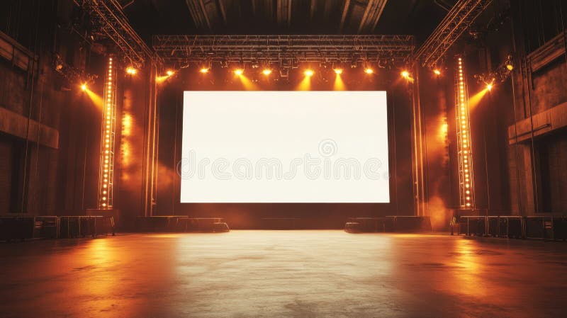 Empty Concert Stage with Bright Orange Lighting and Blank Screen Stock ...