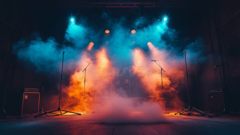Empty Concert Stage with Dramatic Lighting and Smoke Stock Illustration ...