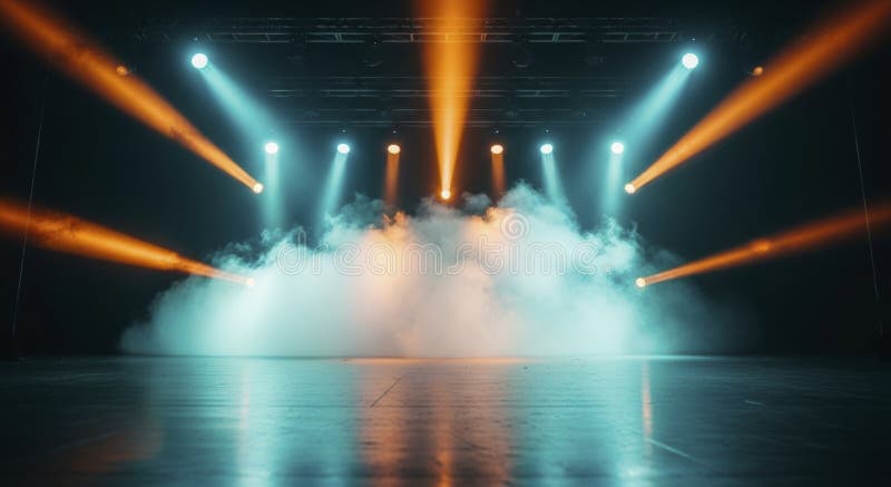 Empty Concert Stage with Dramatic Teal and Orange Spotlights and ...