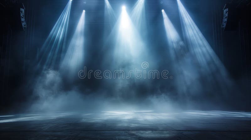 Empty Concert Stage with Illuminated Blue Spotlights and Smoke. Stage ...