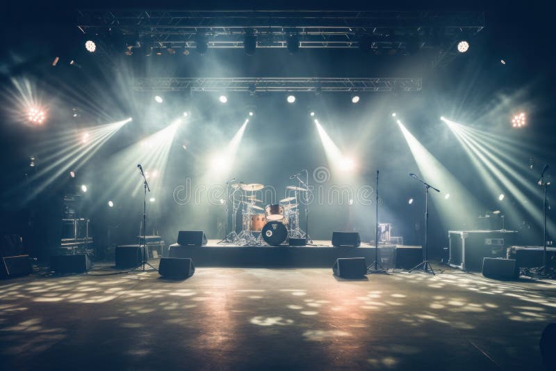 An Empty Concert Stage with Musical Instruments, Illuminated by ...