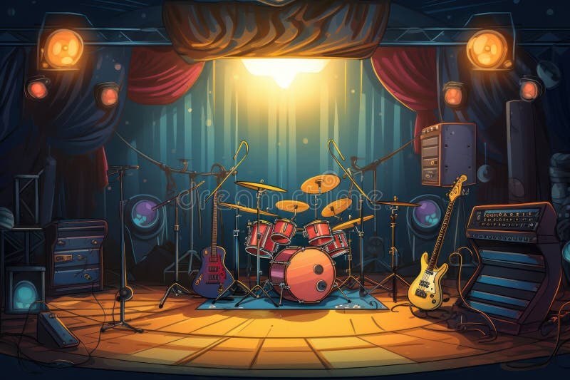 An Empty Concert Stage with Musical Instruments, Illuminated by ...