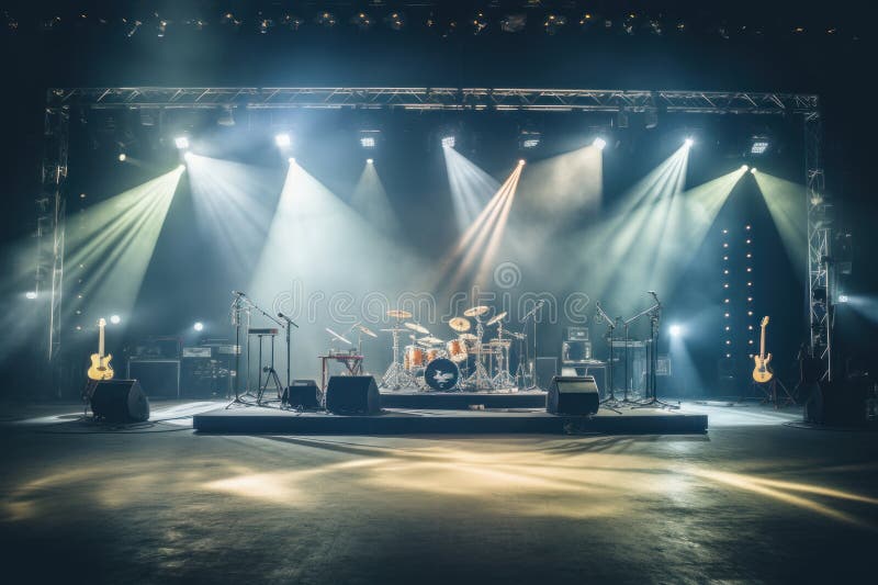 An Empty Concert Stage with Musical Instruments, Illuminated by ...