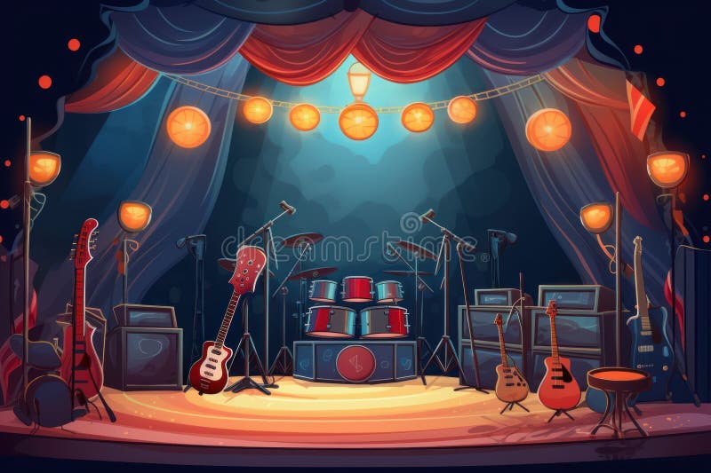 An Empty Concert Stage with Musical Instruments, Illuminated by ...