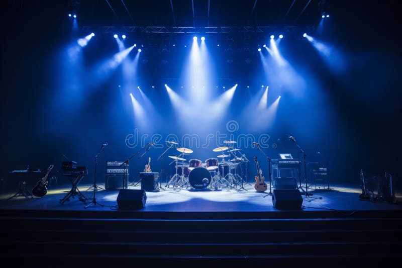 An Empty Concert Stage with Musical Instruments, Illuminated by ...