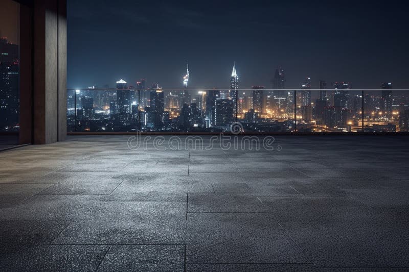 Empty Concrete Floor with Cityscape and Skyline of Hangzhou at Night ...
