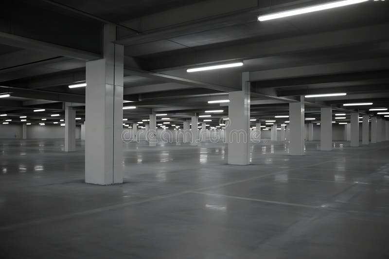 Empty Concrete Parking Garage with Rows of Cars and Overhead Lights ...