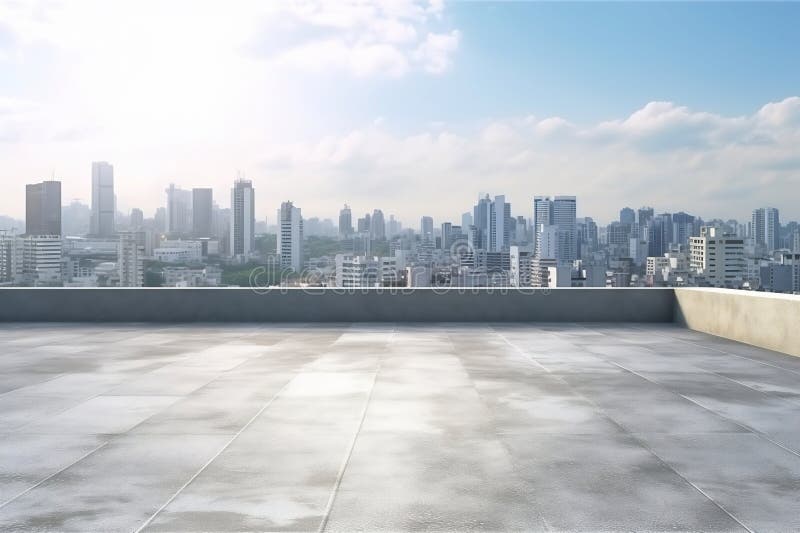 Empty Concrete Rooftop on the Background of a Beautiful Cityscape ...