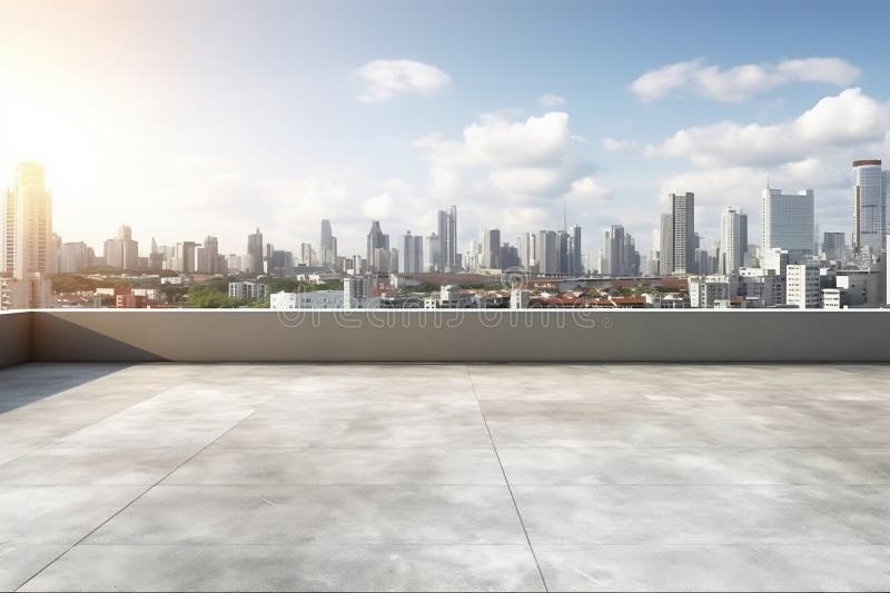 Empty Concrete Rooftop on the Background of a Beautiful Cityscape ...
