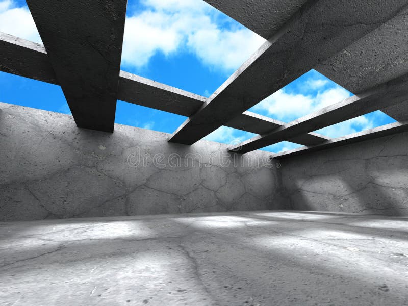 Empty Concrete Room Interior With Beams On Sky Background Stock ...