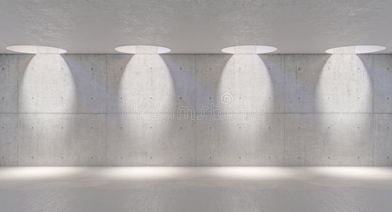 Empty Concrete Room Interior Illuminated by Four Round Ceiling Lights ...