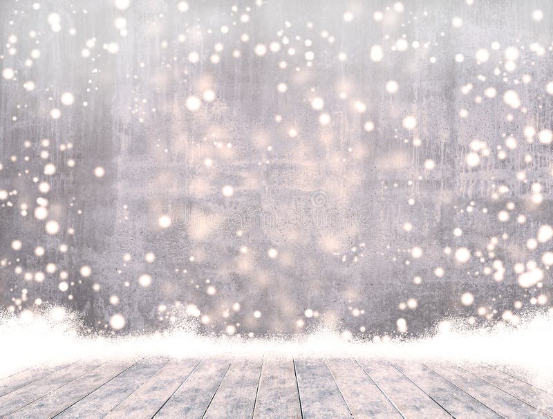 Empty Concrete when Snowing and Ice Wood Table with Snow Ready for ...