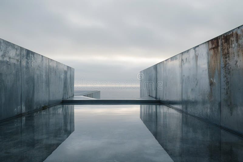 Empty Concrete Walkway with Reflection on the Water Surface in Cloudy ...