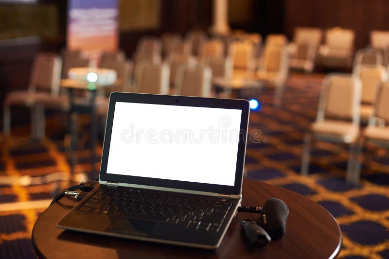 Empty Conference Hall with Computer on a Table Stock Photo - Image of ...