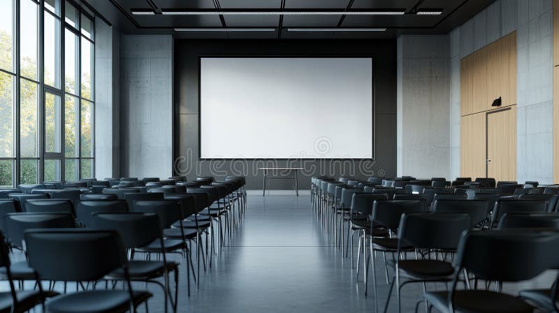 Empty Conference Room with Black Chairs, Blank White Screen Mockup ...