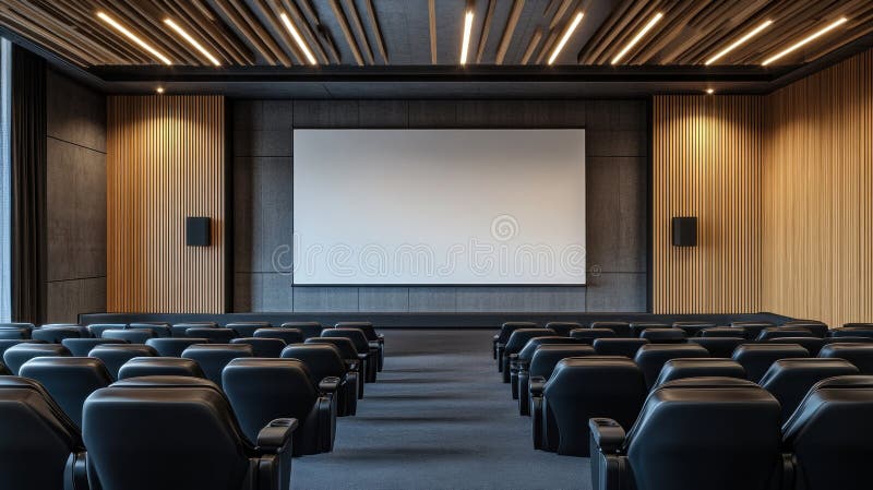 Empty Conference Room with Black Chairs, Blank White Screen Mockup ...