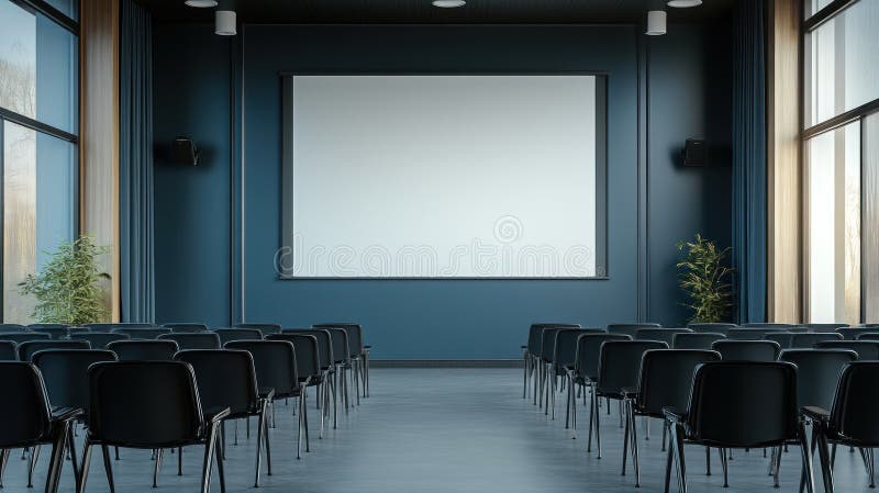 Empty Conference Room with Black Chairs, Blank White Screen Mockup ...