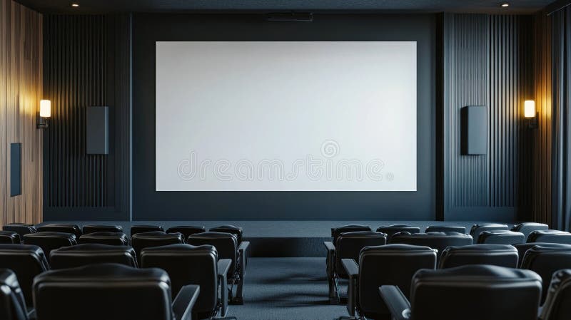Empty Conference Room with Black Chairs, Blank White Screen Mockup ...