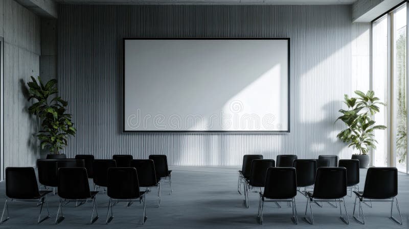 Empty Conference Room with Black Chairs, Blank White Screen Mockup ...