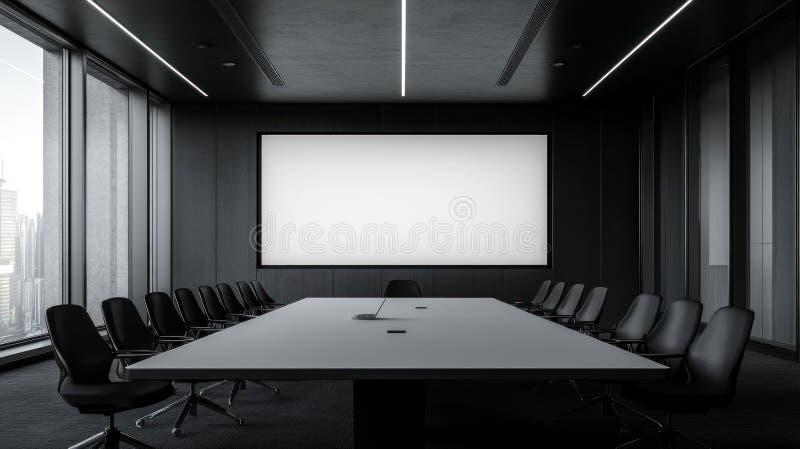 Empty Conference Room with Black Chairs, Blank White Screen Mockup ...