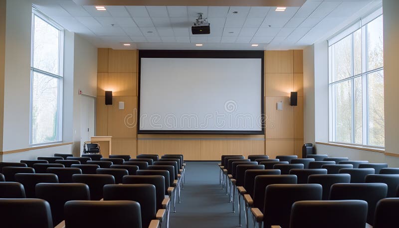 Empty Conference Room with Black Chairs, Blank White Screen Mockup ...
