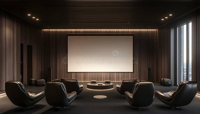 Empty Conference Room with Black Chairs, Blank White Screen Mockup ...