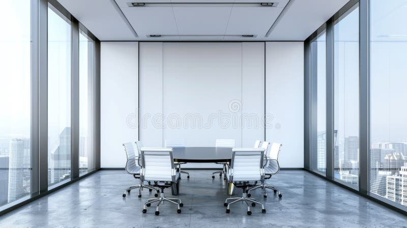 An Empty Conference Room with Glass Walls and a Long Table Surrounded ...