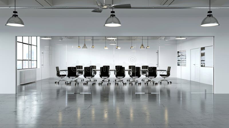 An Empty Conference Room with Glass Walls and a Long Table Surrounded ...