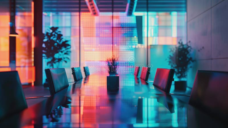 An Empty Conference Room with a Large Table and Chairs. the Room is Lit ...