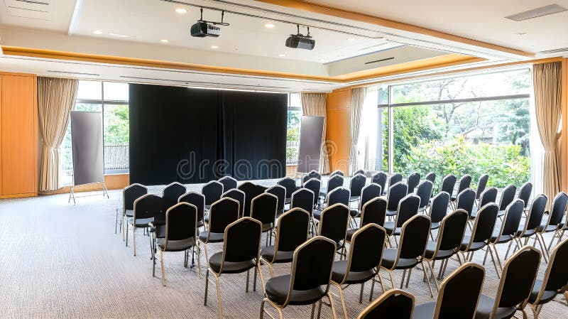Empty Conference Room with Rows of Chairs Facing a Stage and Large ...