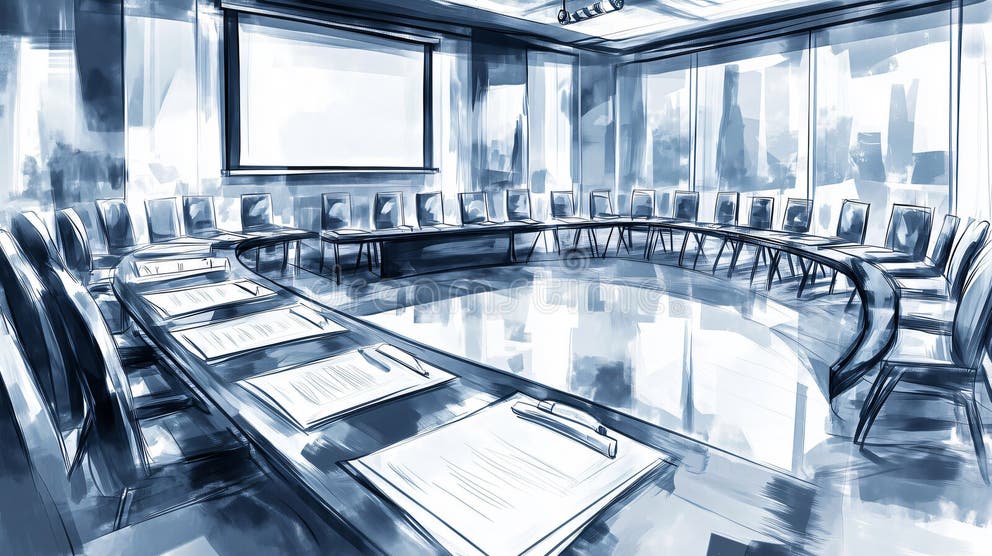 Empty Conference Room Sketch with Documents on Table Stock Illustration ...