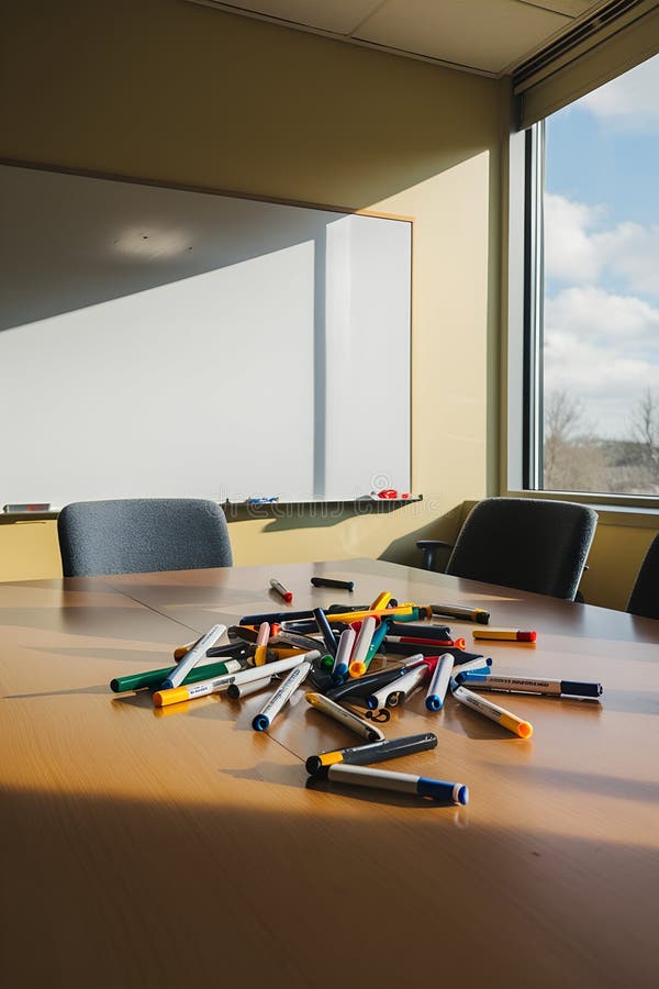 Empty Conference Room with Whiteboard and Scattered Markers Stock ...